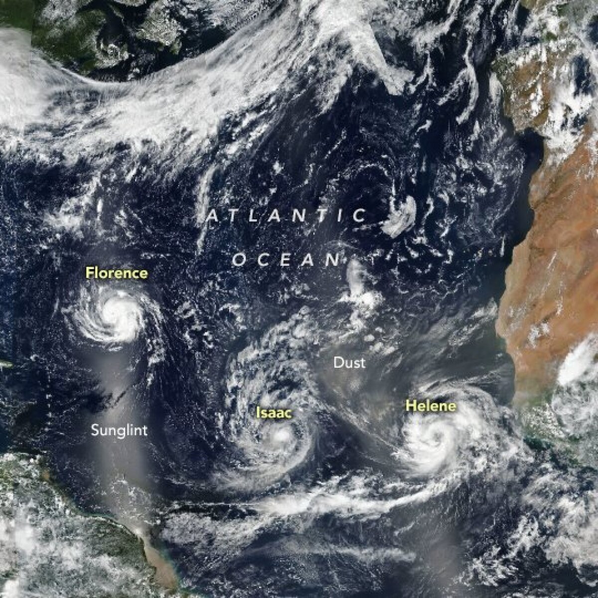 La NASA capta a Florence, Isaac y Helene en el Atlántico